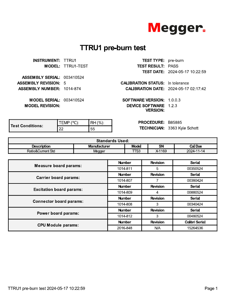 Megger TTRU1-CAL-Cert Calibration Certificate | Instrumart